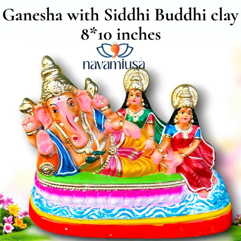 Ganesha with Siddhi & Buddhi sitting – Clay Set (8x10 inches)